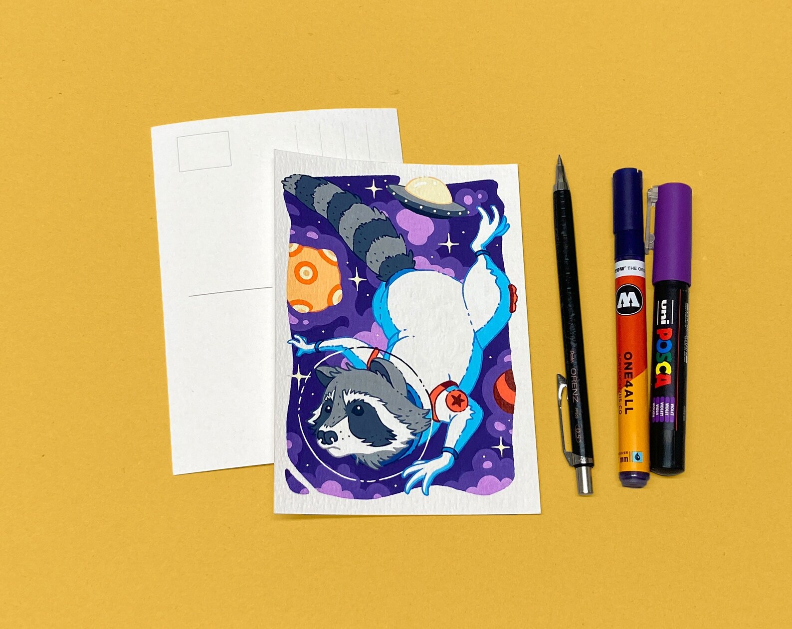 Raccoon Astronaut in Space | Posca Postcard | Original Artwork - Etsy