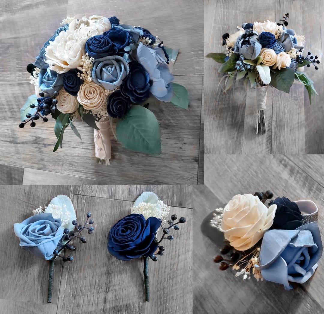 Dusty Blue Navy Wedding Bouquet Sola Wood Bridal Flowers Bridesmaid ...