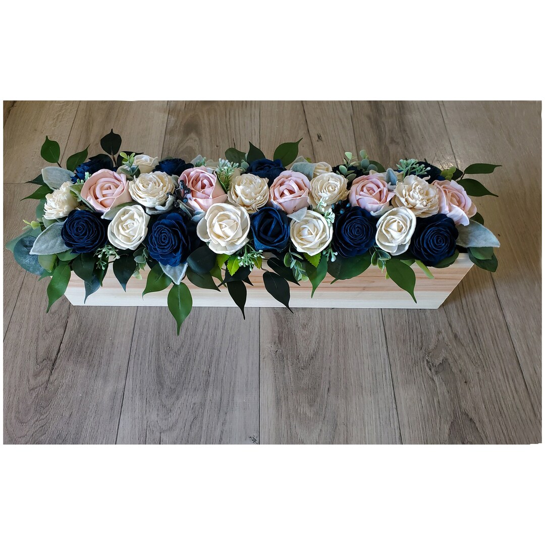 24" Long Centerpiece Pink Navy Blue Head Table Sola Wood Flower ...
