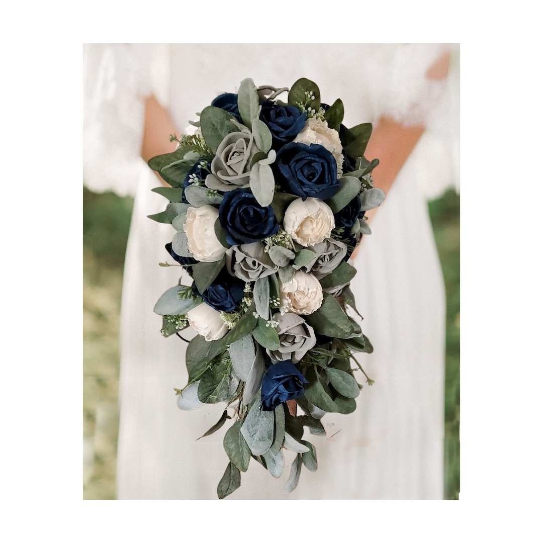 Navy and Gray Bridal Bouquet Navy Sola Wood Flower Bridal - Etsy