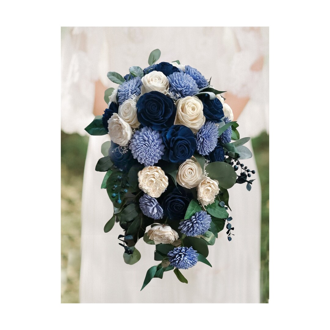Periwinkle Navy Bridal Bouquet Made of Sola Wood Flowers, Navy Blue ...