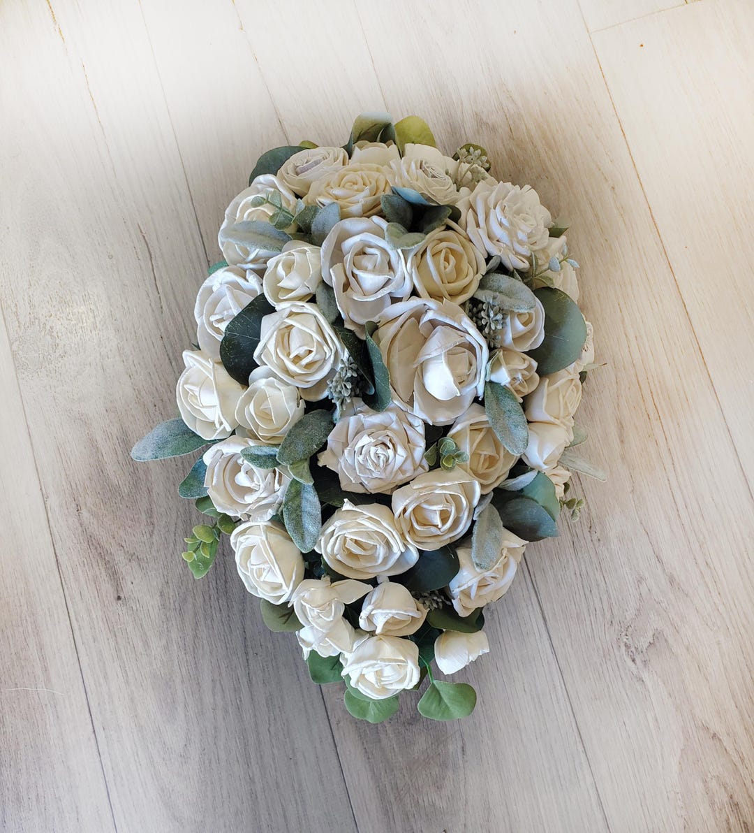 White & Ivory Rose Cascading Bridal Bouquet Sola Wood Flower Wedding ...
