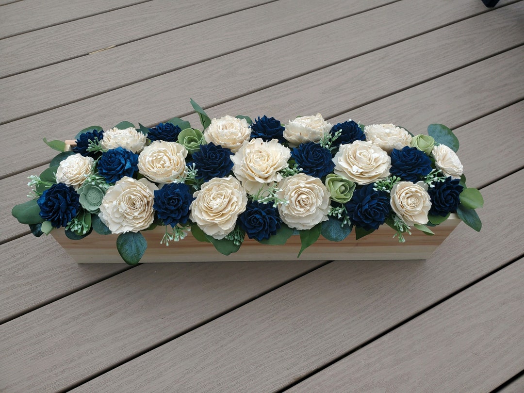 Navy Blue Head Table Centerpiece White Sola Wood Flower Arrangement ...