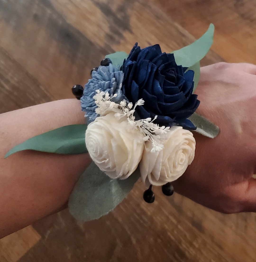 Navy Blue Wrist Corsage for Wedding, Dusty Blue & White Sola Wood ...