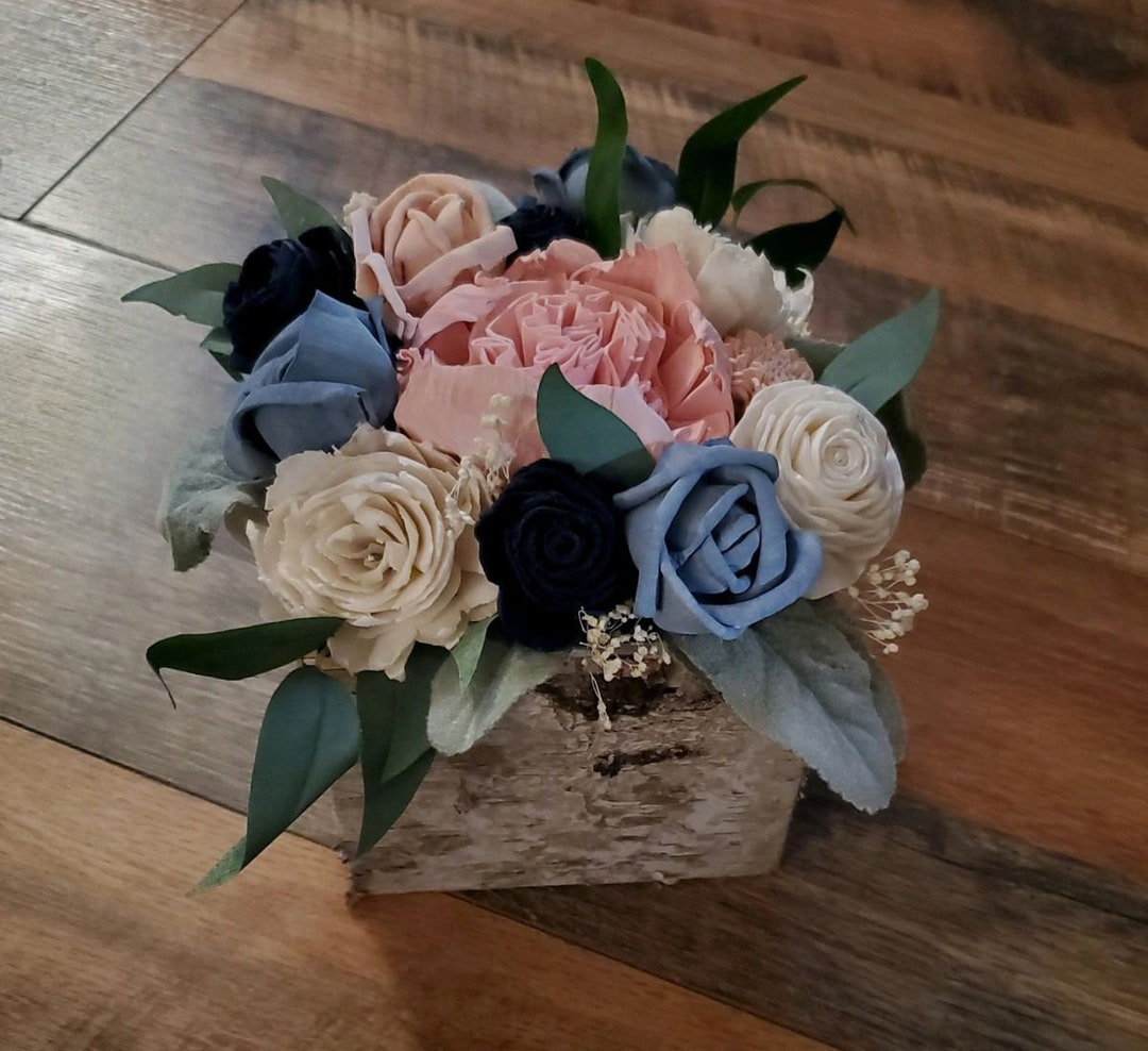 Dusty Blue Navy and Pink Flower Centerpiece, Blue Pink Sola Wood ...