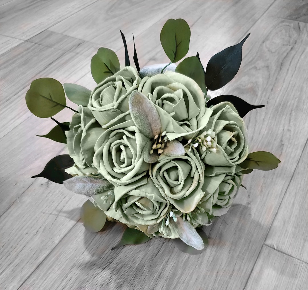 Sage Rose Bridal Bouquet Sola Wood Wedding Flowers Artificial Light ...