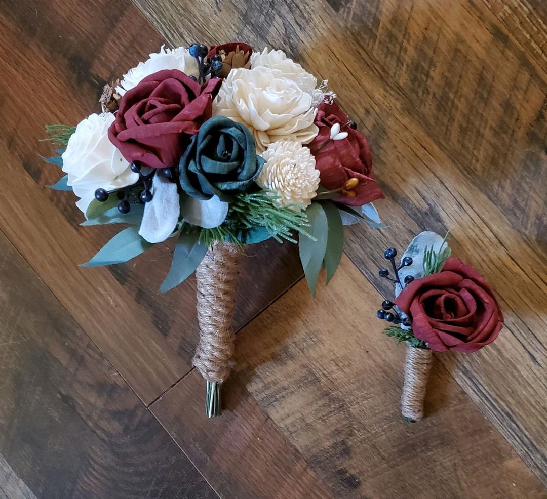 Burgundy Red Bridal Bouquet Sola Wood Dark Forest Green Rose Custom ...