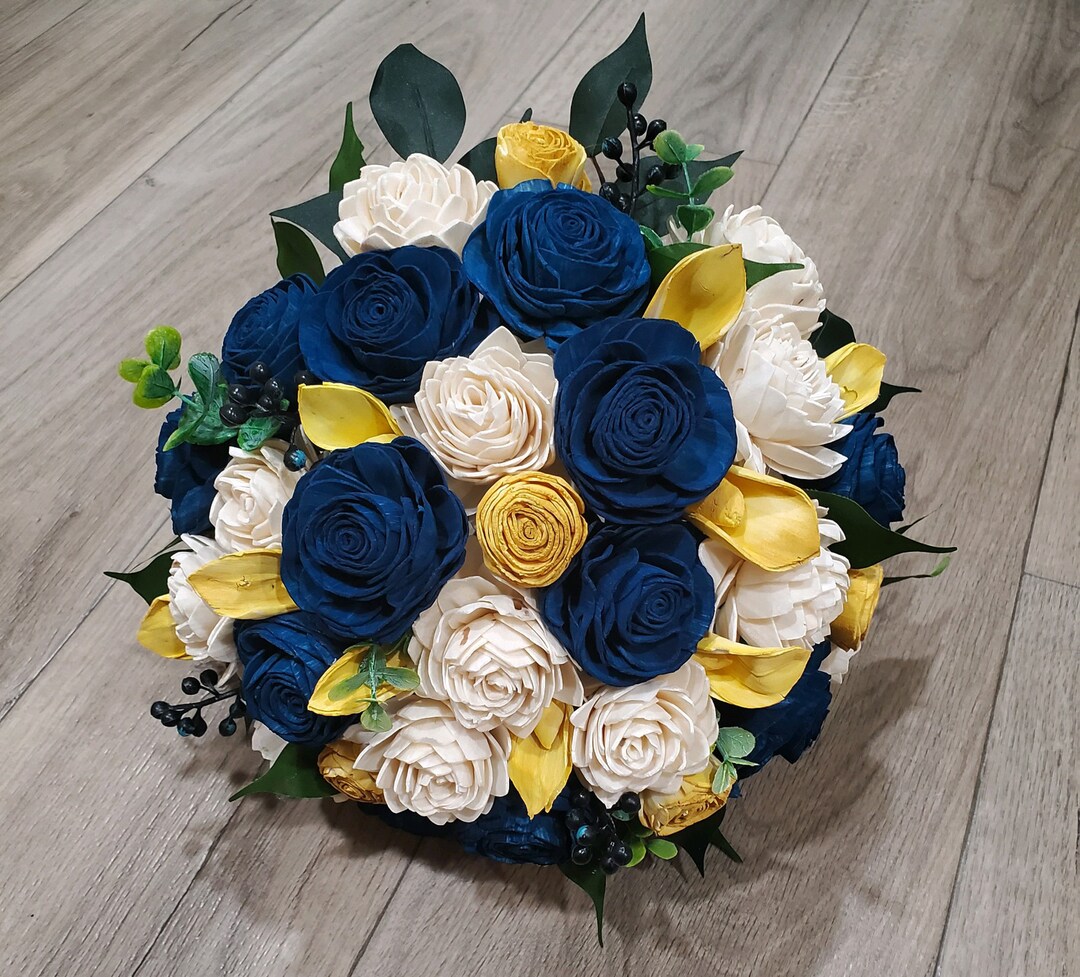 Navy & Yellow Gold Calla Lily Sola Wood Bridal Bouquet, Wooden Flower ...
