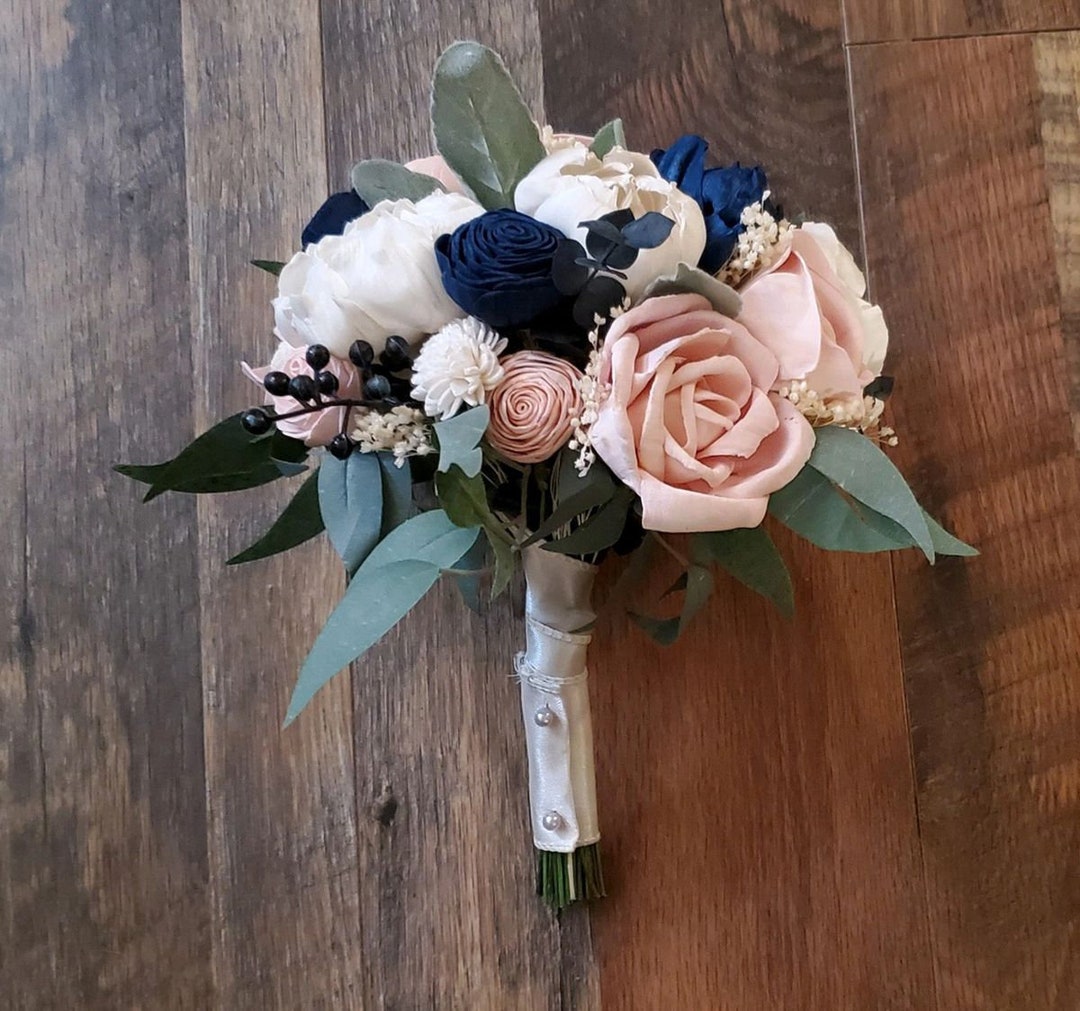 Pink Navy Blue Bridal Bouquet, Pink Navy Sola Wood Flower Bouquet ...