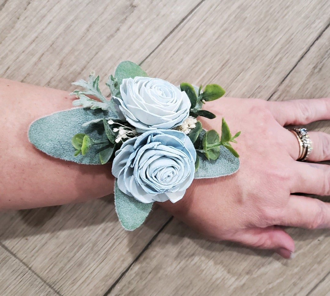Pale Ice Blue Wrist Corsage Sola Wood Artificial Mother of the Bride ...