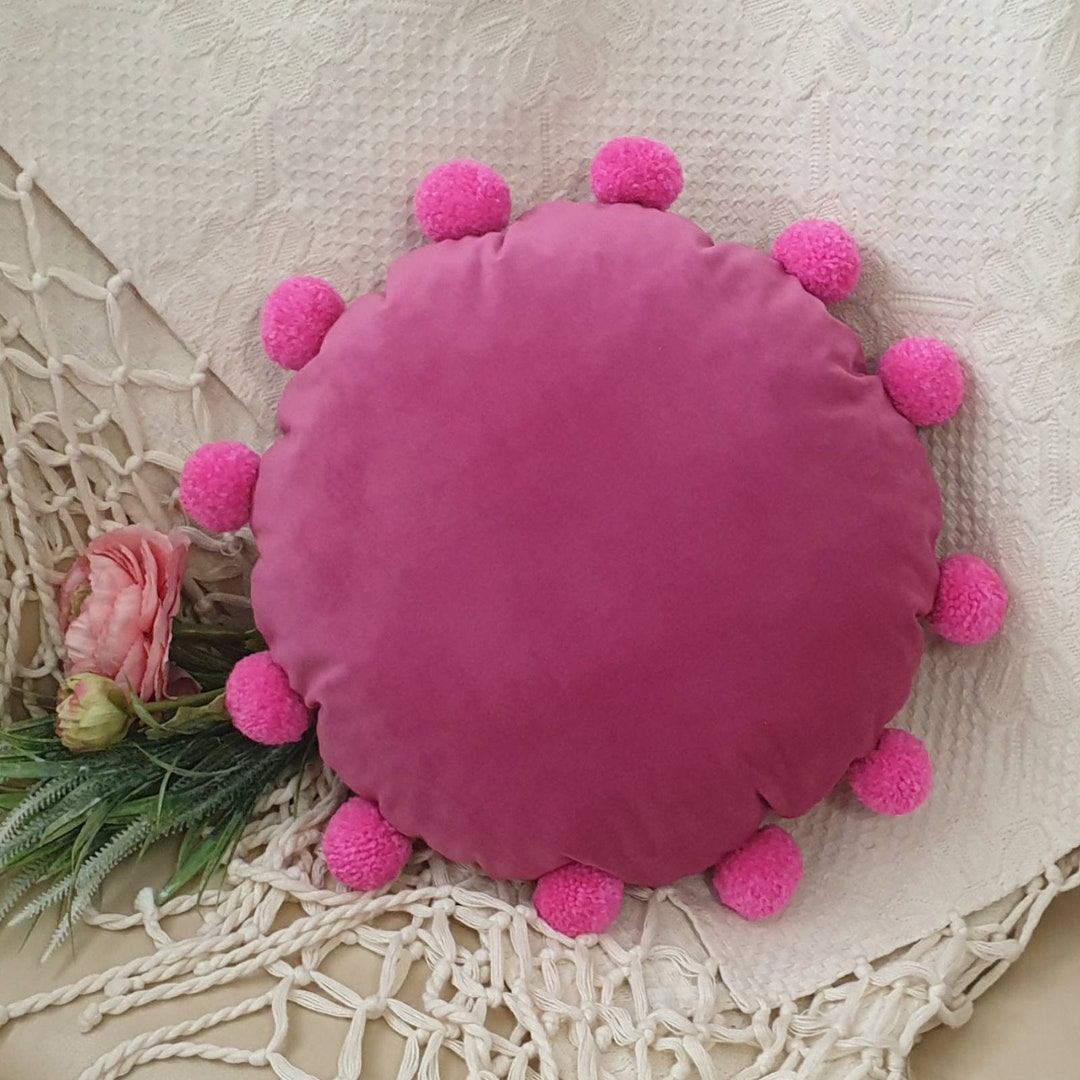 Hot Pink Round Pillow Case Fuchsia Pom Pom Pillow Cover Pink Velvet ...
