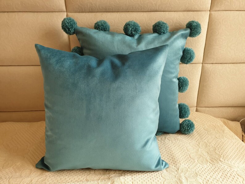 Teal Pillow Case With Pom Poms Aqua Blue Pom Pom Pillow Case - Etsy