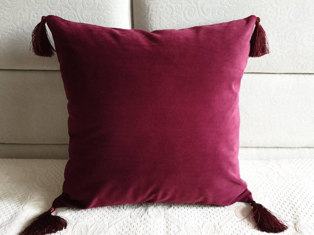 Burgundy Pillow Covers With Tassels, Wine Red Velvet Pillow Cases, Red ...