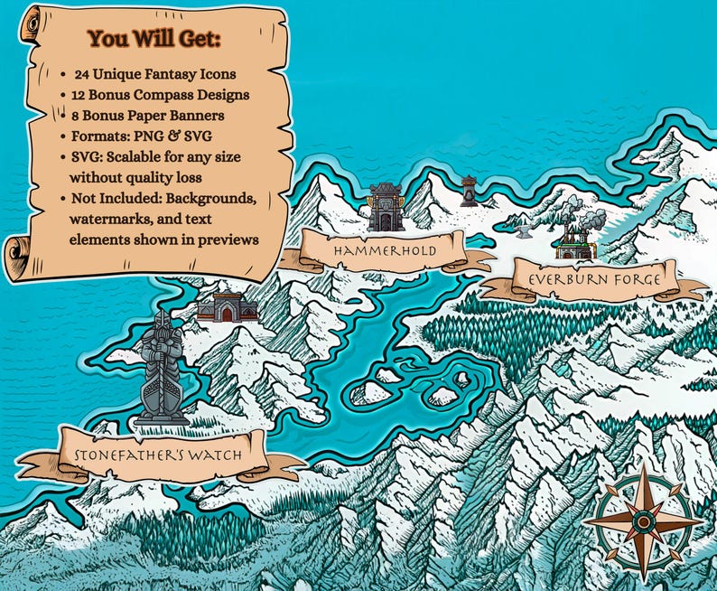 Fantasy Map Icons - Dwarven Cartography Elements With 24 Icons, 12 ...