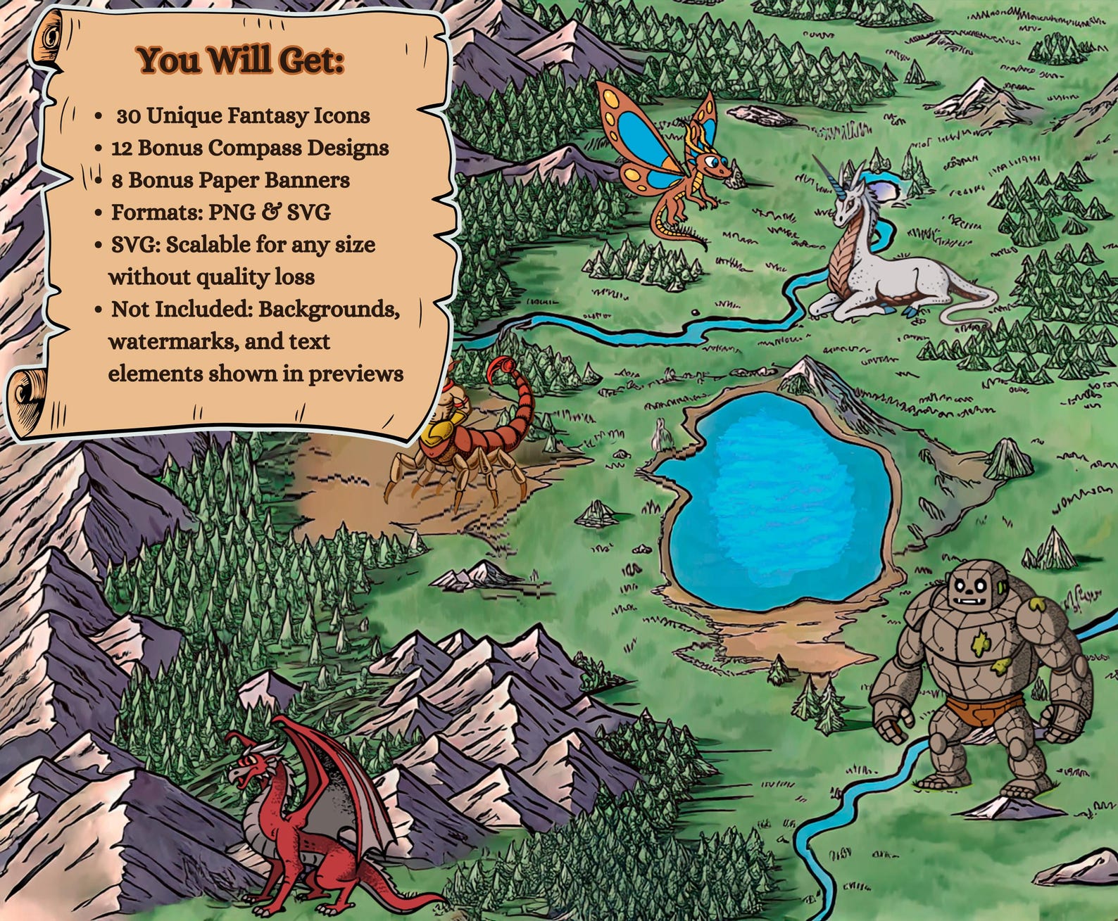 Fantasy Map Icons - Beasts of Chaos With 30 Monsters, 12 Compass ...