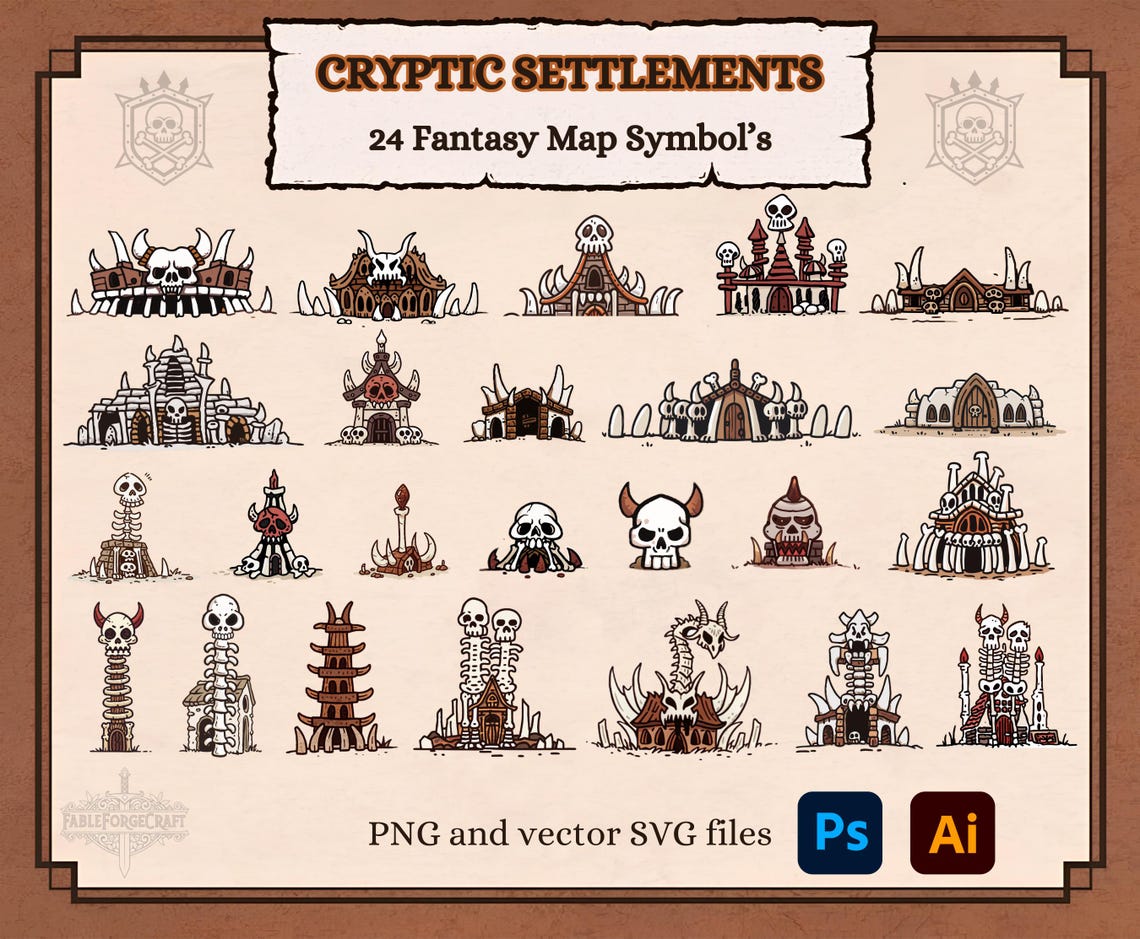 Fantasy Map Icons - Cryptic Cartography Elements With 24 Icons, 12 ...