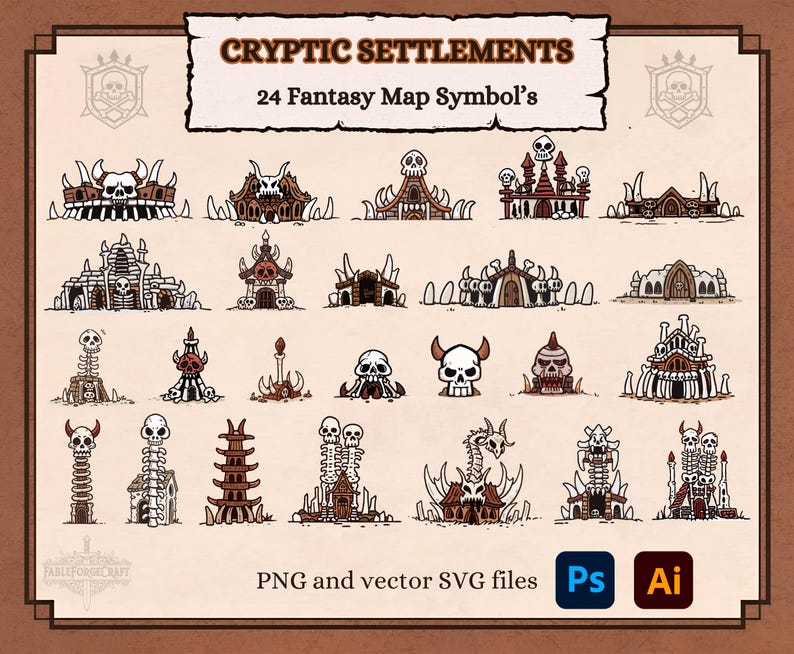 Fantasy Map Icons - Cryptic Cartography Elements With 24 Icons, 12 ...