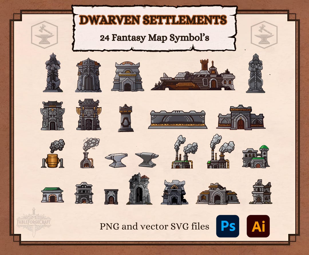 Fantasy Map Icons - Dwarven Cartography Elements With 24 Icons, 12 ...