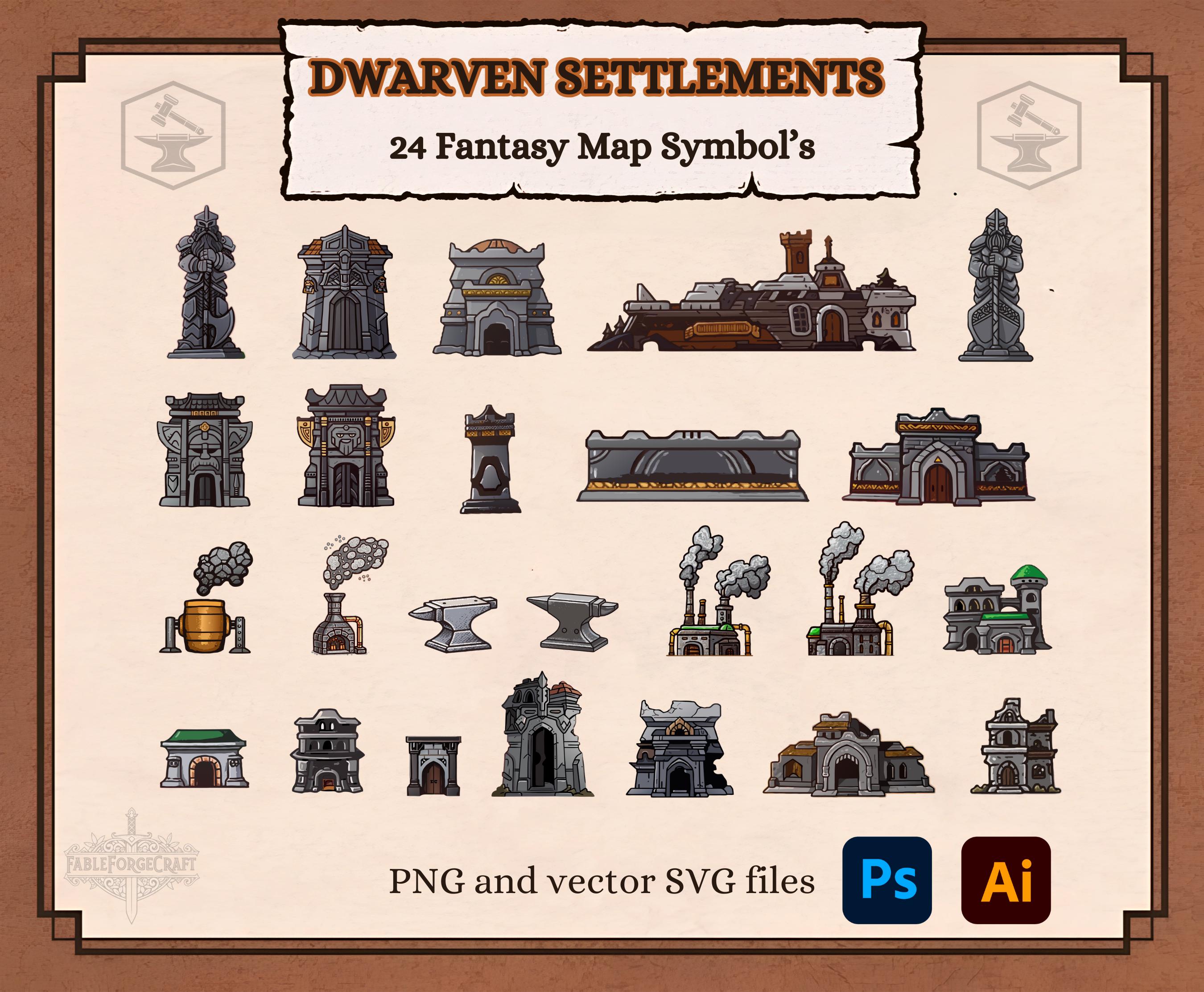 Fantasy Map Icons - Dwarven Cartography Elements With 24 Icons, 12 ...