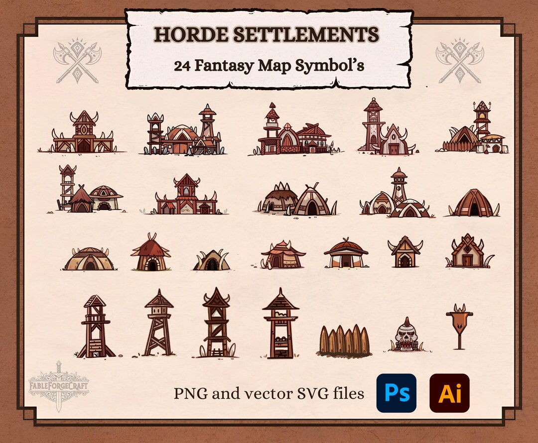 Fantasy Map Icons - Tribal Horde Cartography Elements With 24 Icons 12 ...