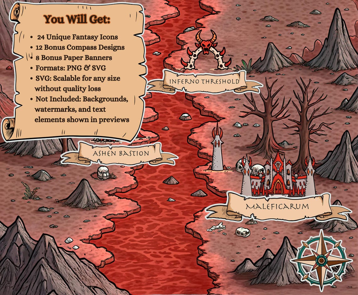 Fantasy Map Icons - Demonic Cartography Elements With 24 Icons, 12 ...