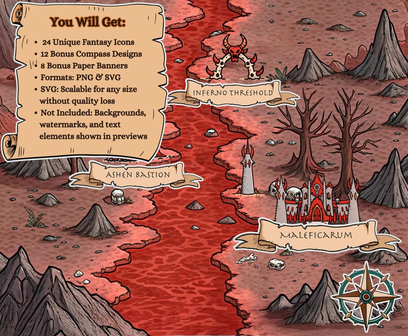 Fantasy Map Icons - Demonic Cartography Elements With 24 Icons, 12 ...