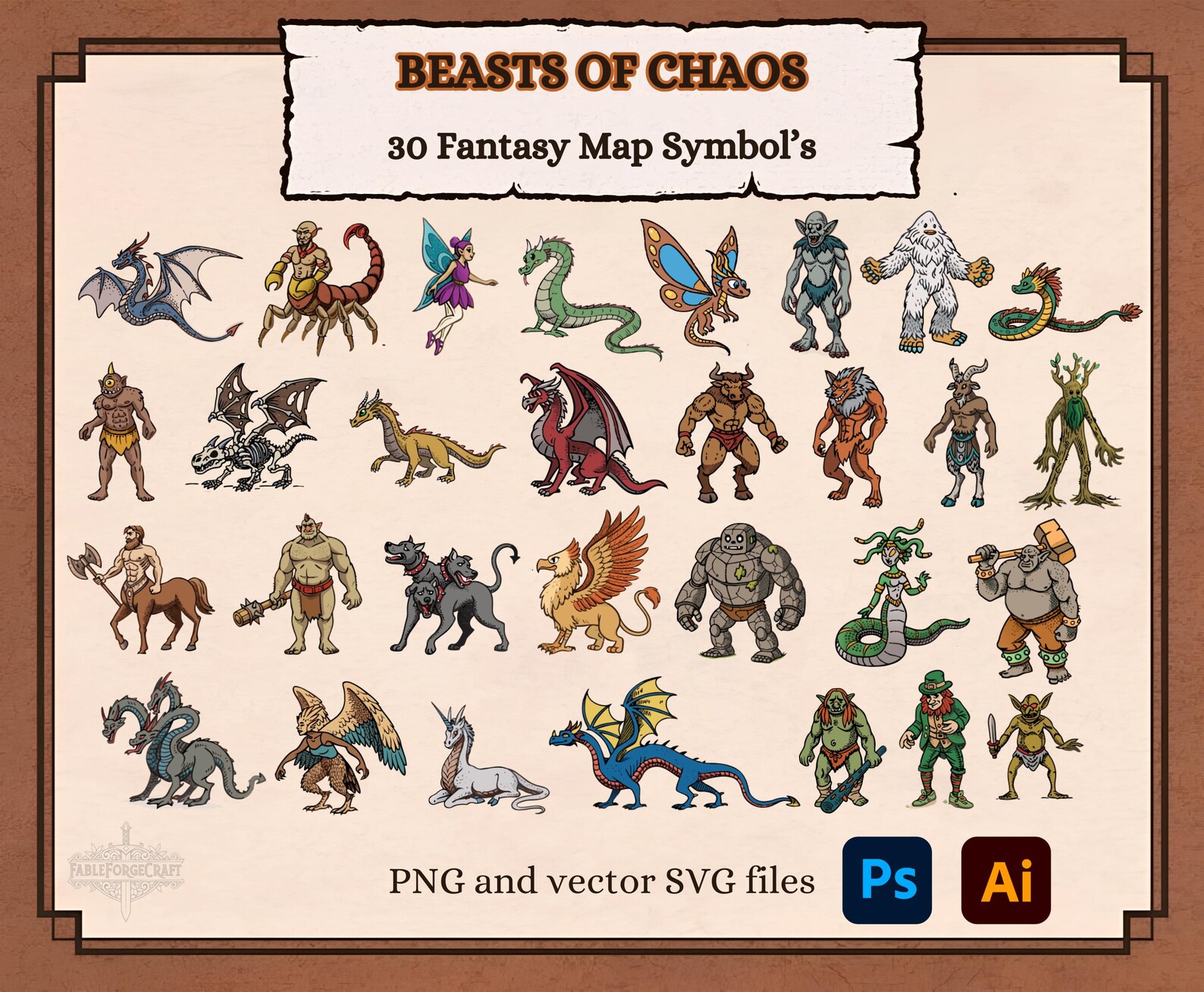 Fantasy Map Icons - Beasts of Chaos With 30 Monsters, 12 Compass ...