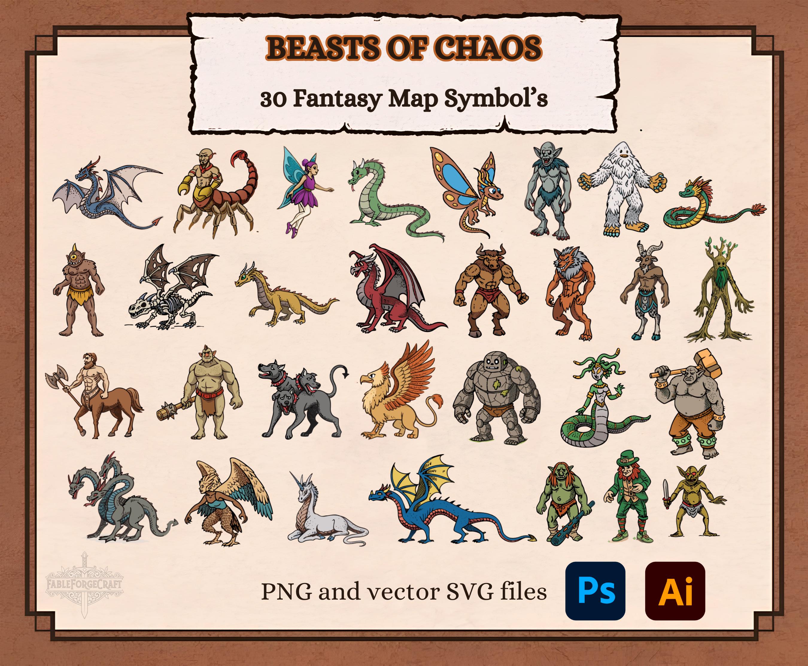 Fantasy Map Icons - Beasts of Chaos With 30 Monsters, 12 Compass ...