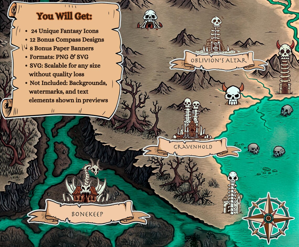 Fantasy Map Icons - Cryptic Cartography Elements With 24 Icons, 12 ...