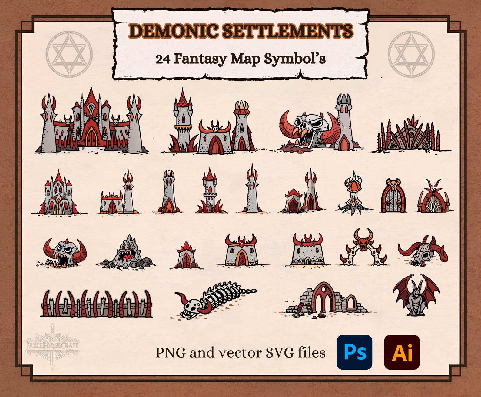 Fantasy Map Icons - Demonic Cartography Elements With 24 Icons, 12 ...
