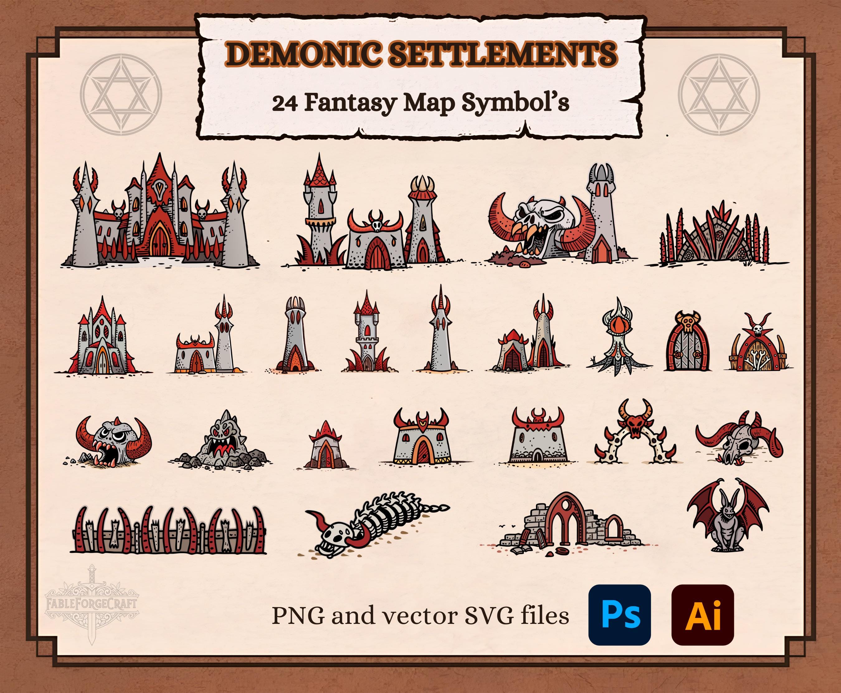 Fantasy Map Icons - Demonic Cartography Elements With 24 Icons, 12 ...