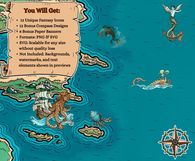 Fantasy Map Icons - Deepsea Legends With 12 Sea Creatures, 12 Compass ...