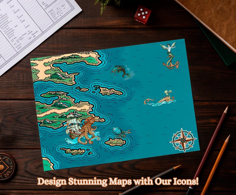 Fantasy Map Icons Deepsea Legends With 12 Sea Creatures, 12 Compass ...