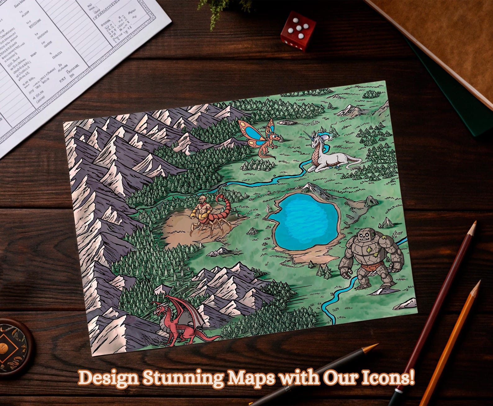 Fantasy Map Icons - Beasts of Chaos With 30 Monsters, 12 Compass ...