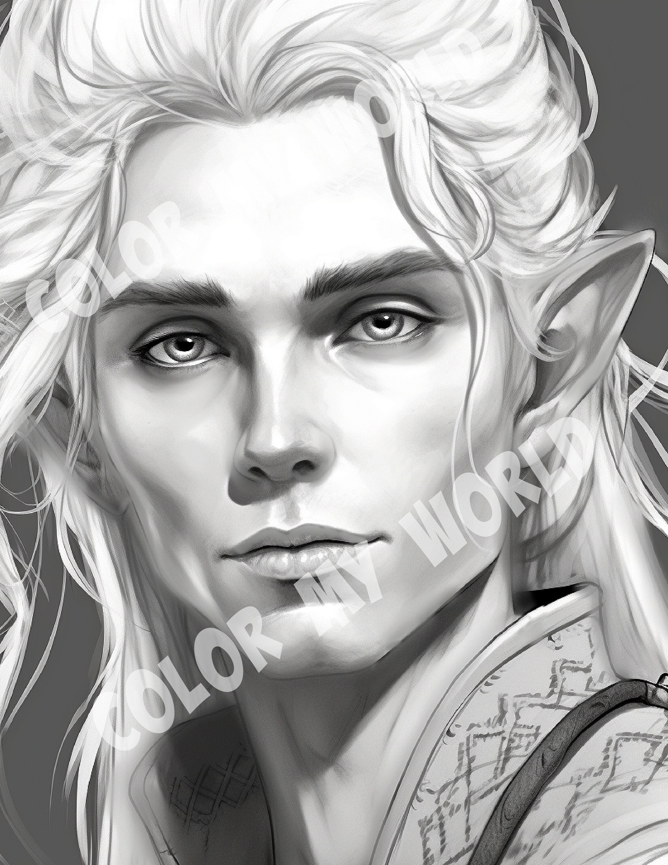 Male Blonde Elf Adult Coloring Greyscale - Etsy