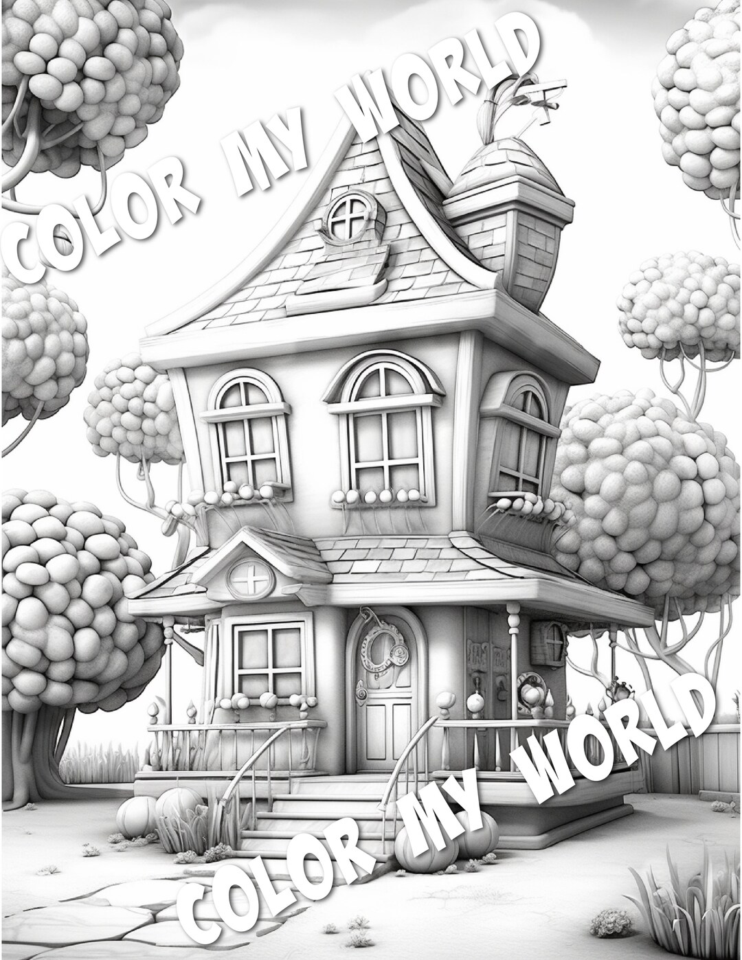 Cute Fantasy Cottage Adult Greyscale Coloring Page - Etsy
