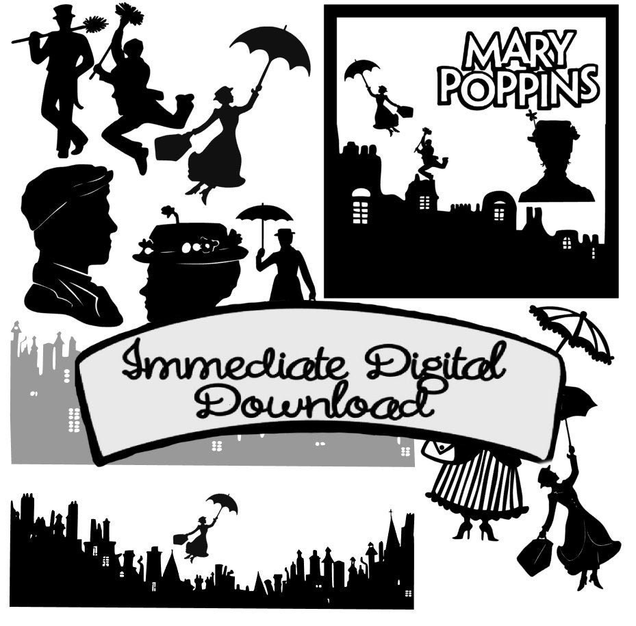Mary Poppins Flying Silhouette Vector