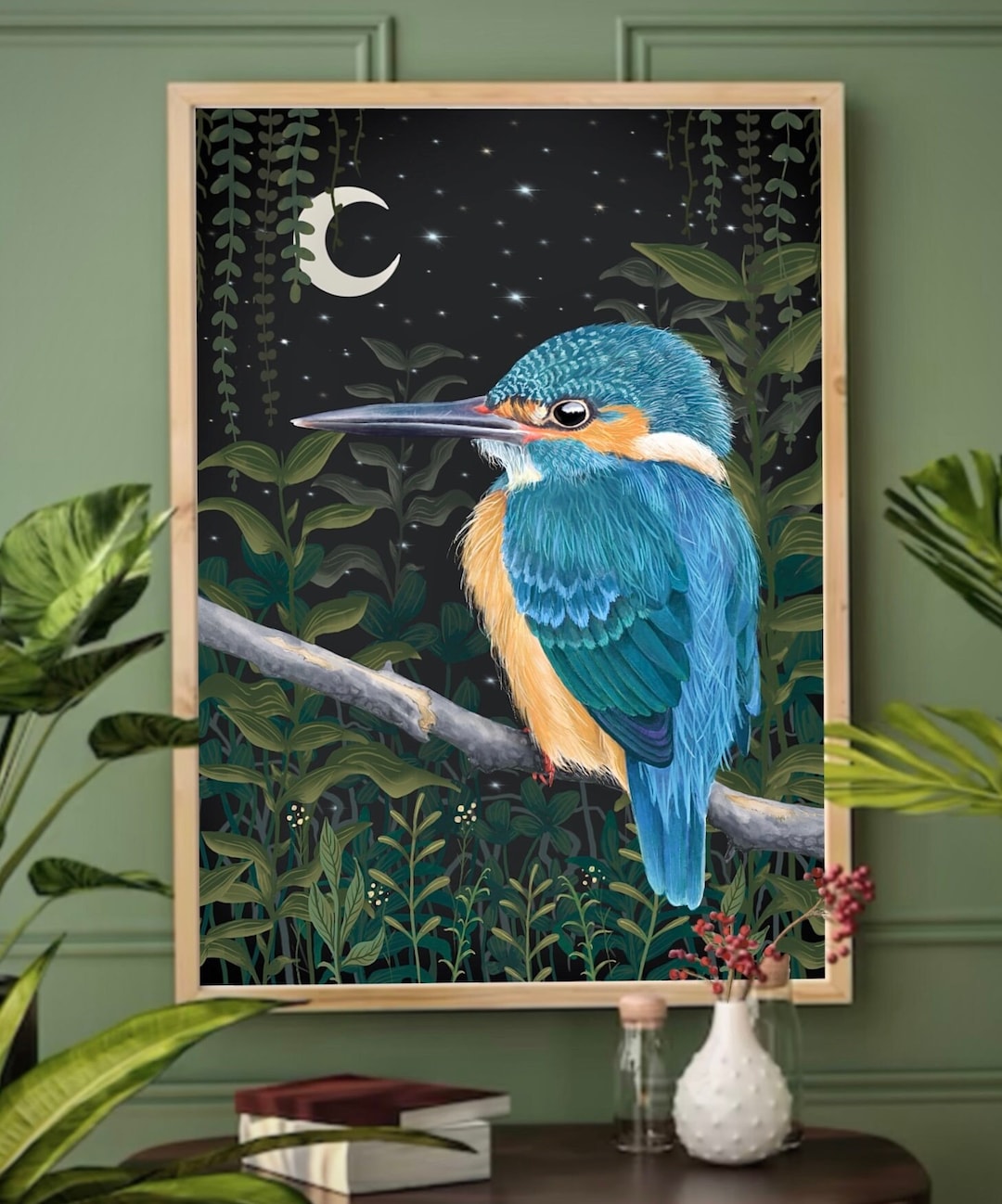 KINGFISHER A4 ART PRINT Nature Inspired Bird Moon and Stars ...