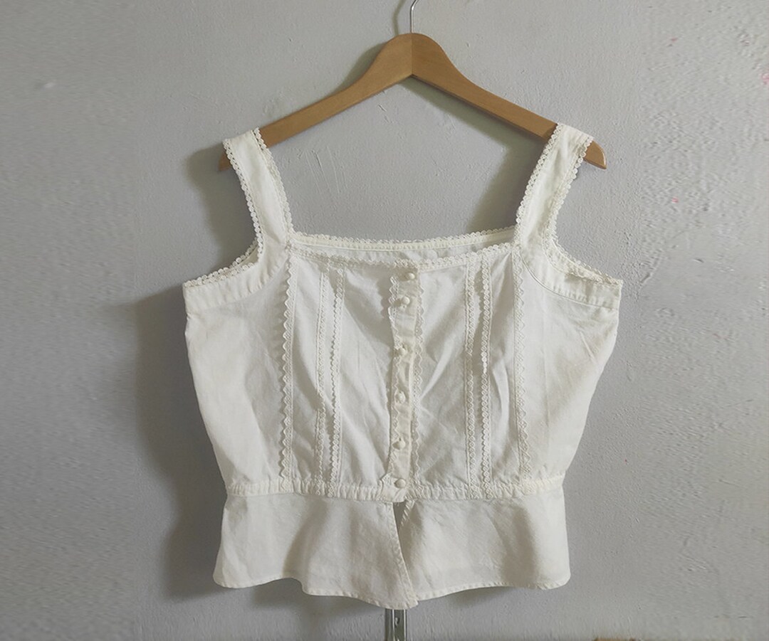 Romantic White Cotton Button-down Camisole Tank Top With Scalloped Trim ...