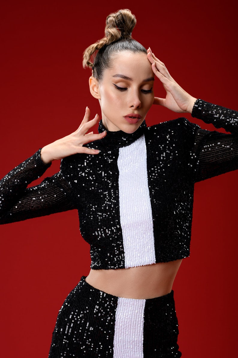 Sequined 2 Pcs Crop and Pant, Woman Disco Outfit, Wide Leg Party ...