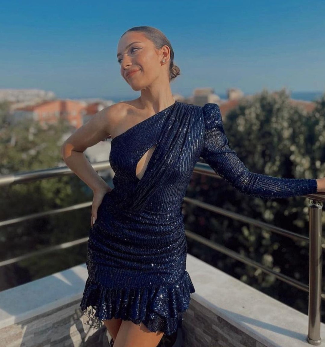 Navy Blue Sequin Dress, One Shoulder Short Dress, Mermaid Prom Dress ...