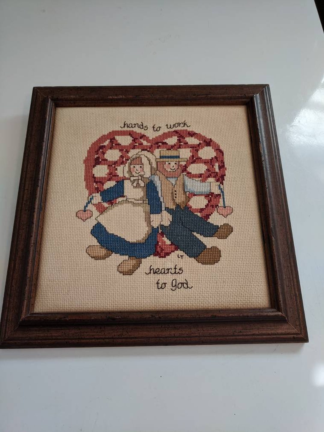 Vintage Framed Cross Stitch Art Amish hands to Work Hearts to God ...