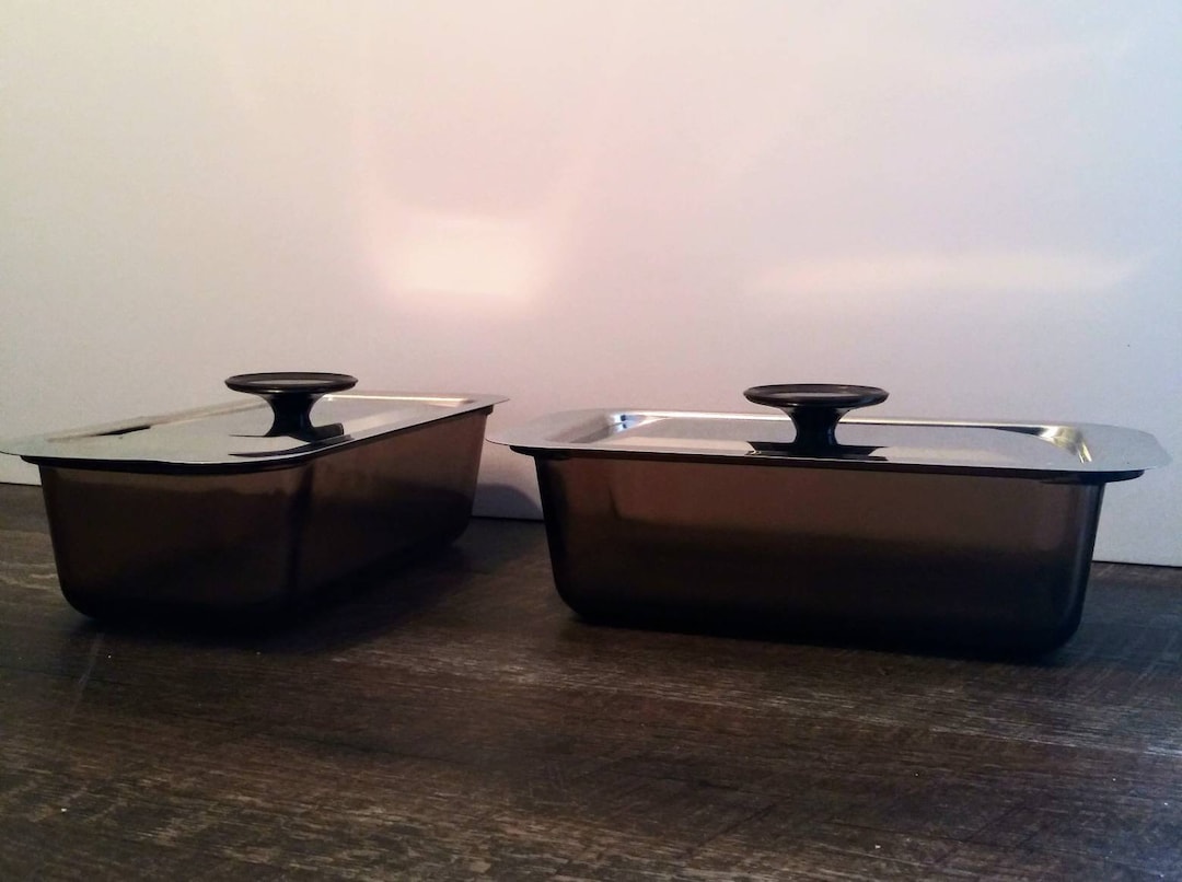 2 Vintage 1960's Pyrex Smoky Brown Loaf Pans With Silver Metal Covers ...
