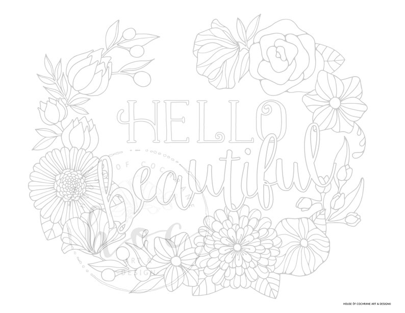 Boho Floral Hello Beautiful Adult Coloring Page - Instant Printable ...