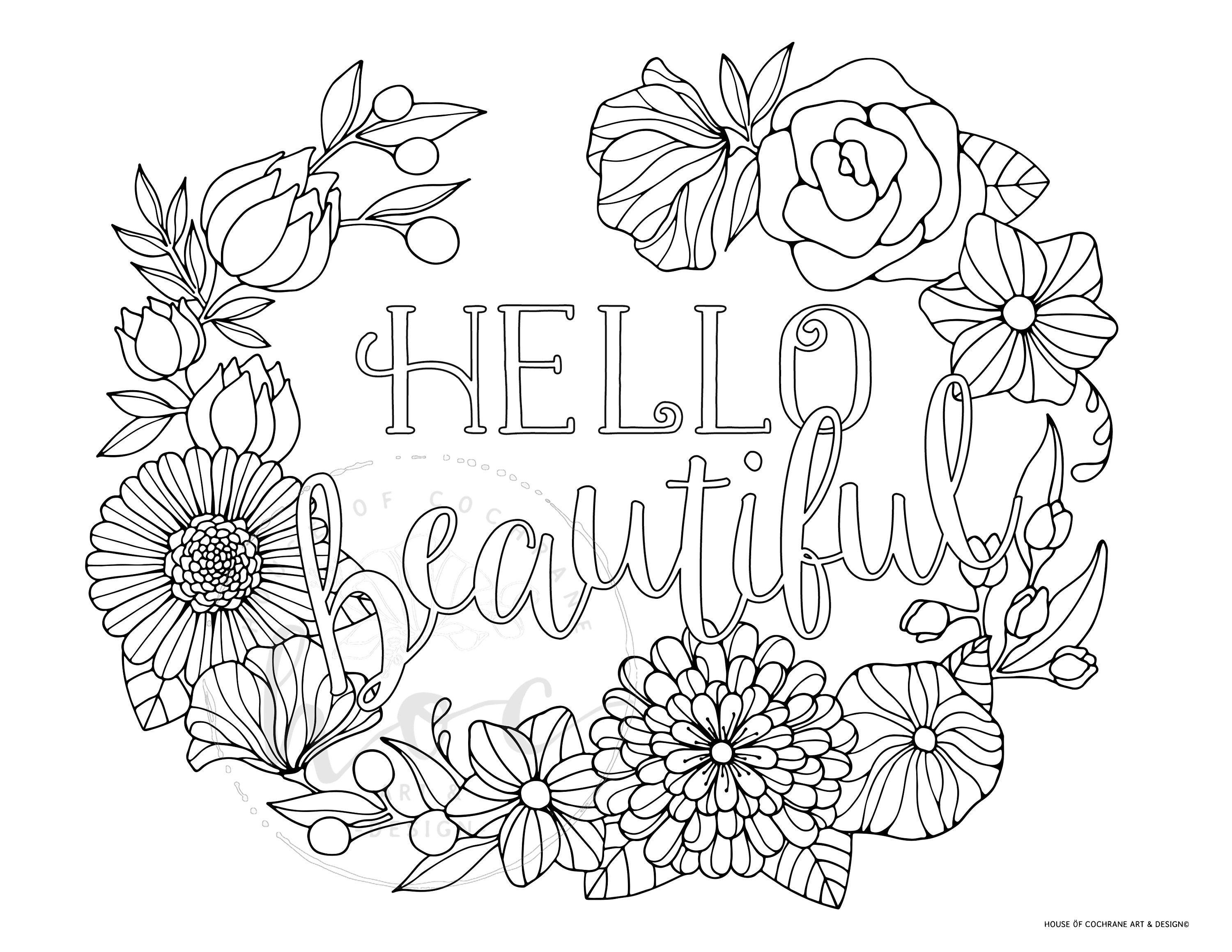 Boho Floral Hello Beautiful Coloring Page – Printable Adult Art ...