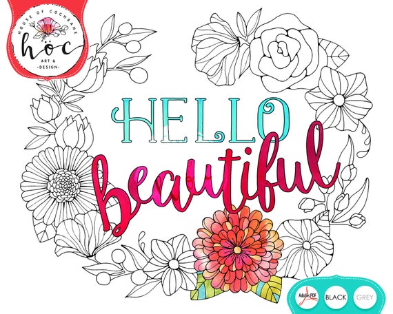 Boho Floral Hello Beautiful Adult Coloring Page Instant | Etsy
