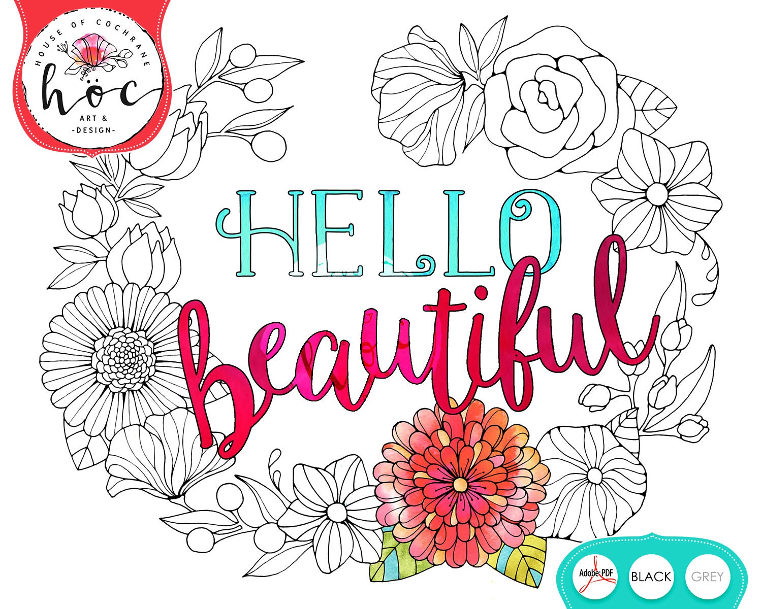 Boho Floral Hello Beautiful Coloring Page – Printable Adult Art ...