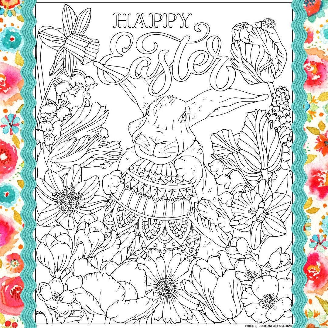 Happy Easter Floral Bunny Adult Coloring Page - Instant Printable ...