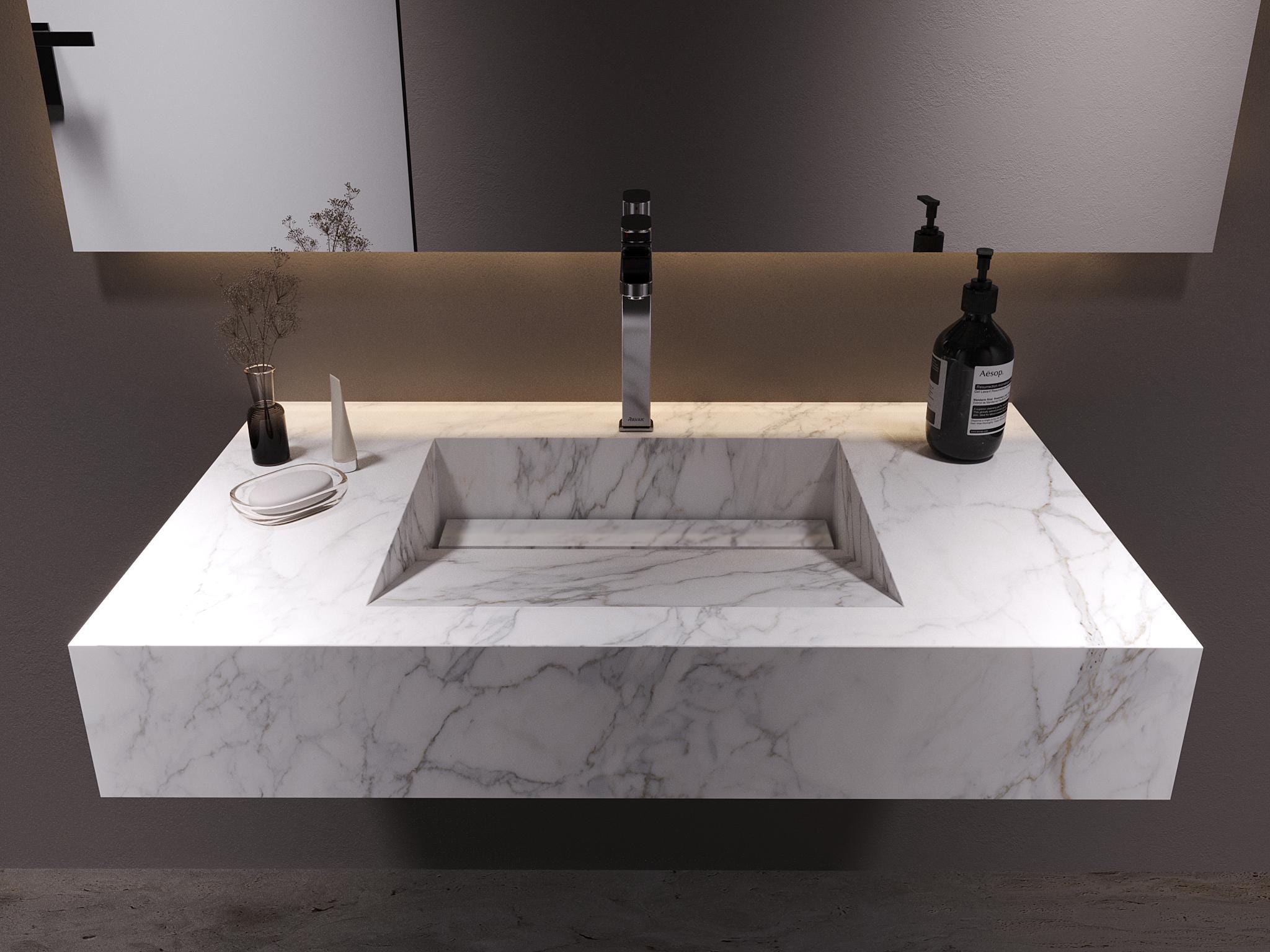 Modern Floating Vanity, Customizable Integrated Sink Vanity, Integrated ...