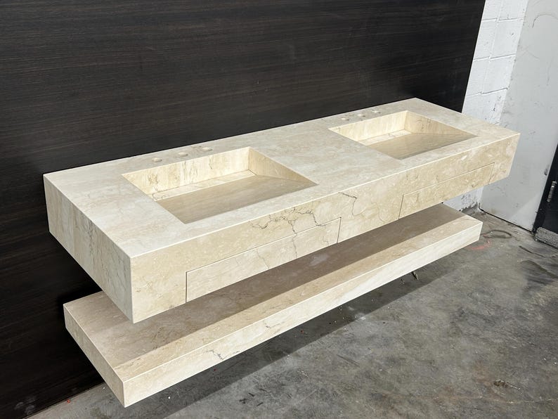 Custom Double Travertine Floating Vanity Sink, 72 Inch Ramp Sink ...